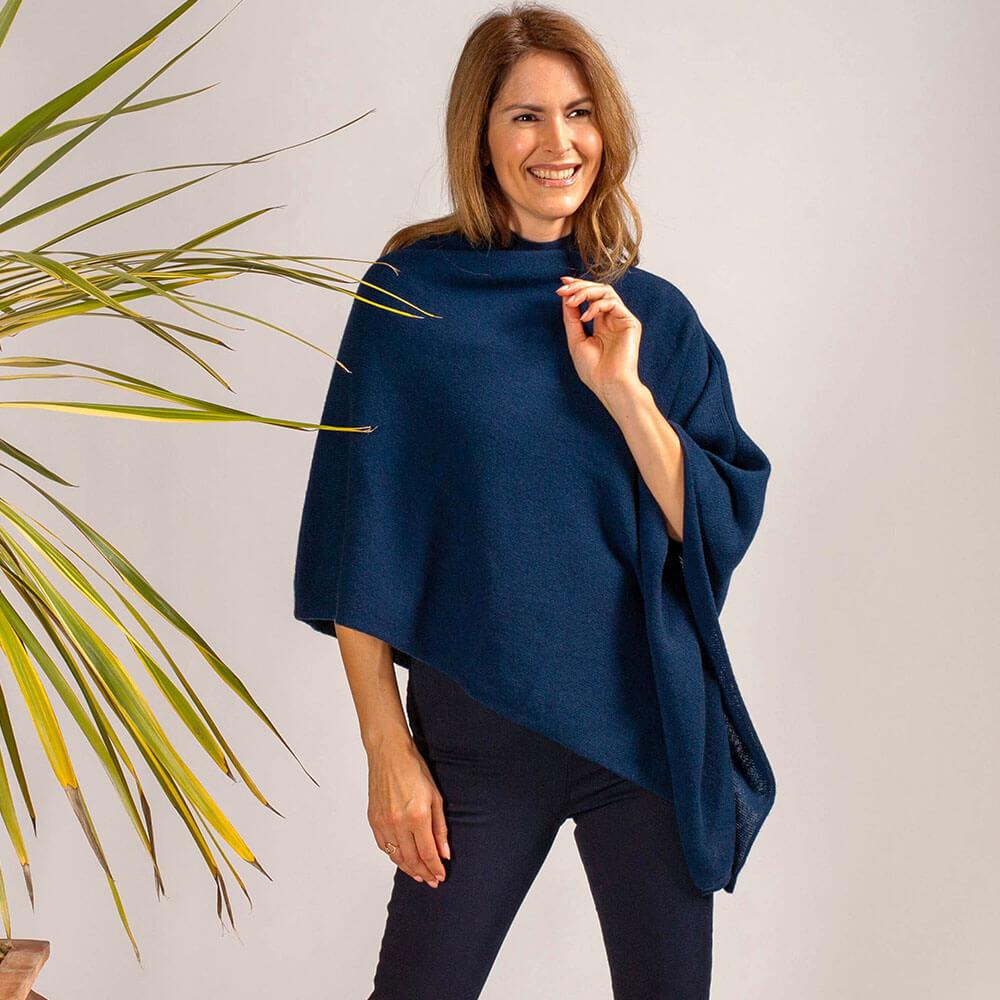 Women's Navy Blue Knitted Cashmere Poncho – Black.co.uk